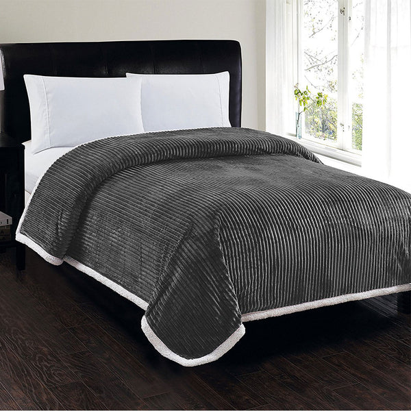 Ribbed Stripe Ultra Soft Sherpa Throw Blanket- King Size 220 x 240 cm ...